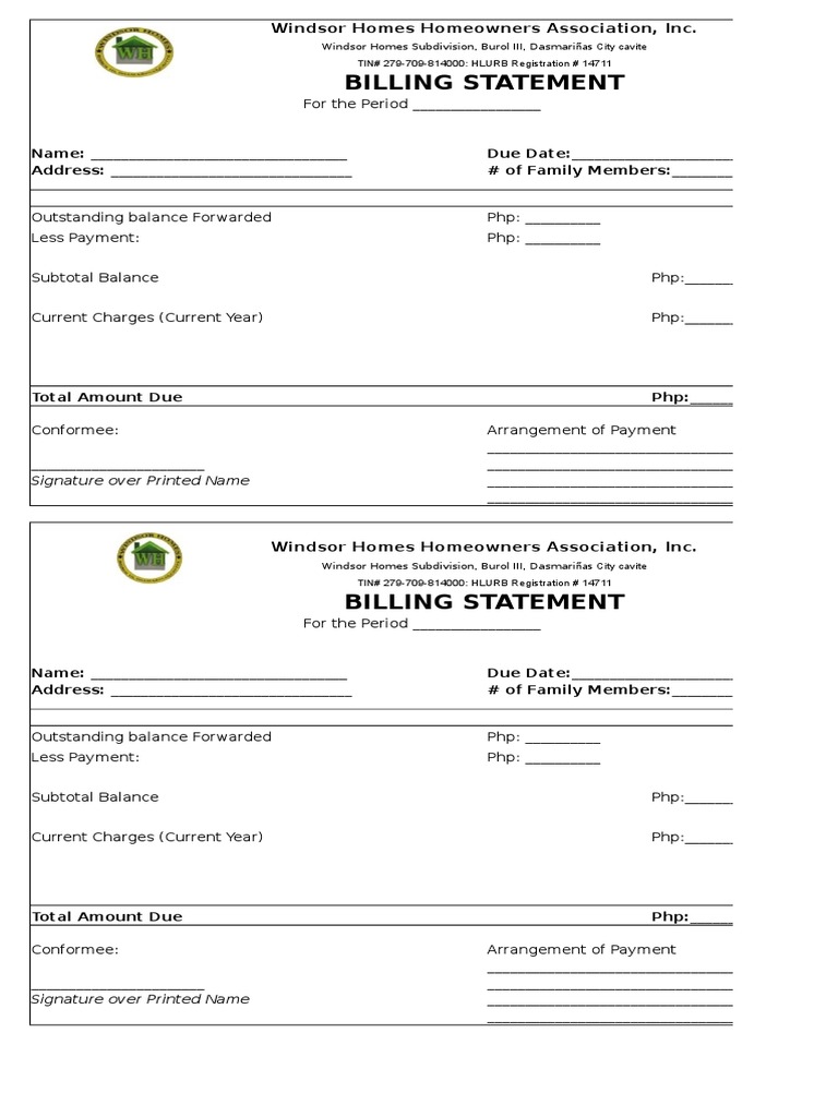 Billing Statement: Windsor Homes Homeowners Association, Inc | PDF
