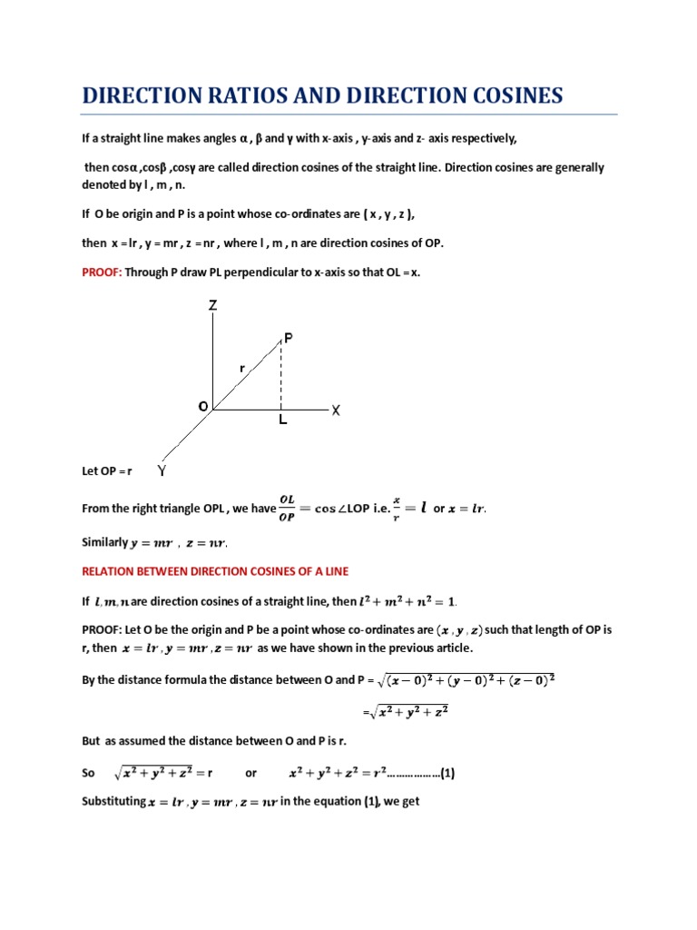 Direction Ratios and Direction Cosines | PDF | Trigonometric Functions ...