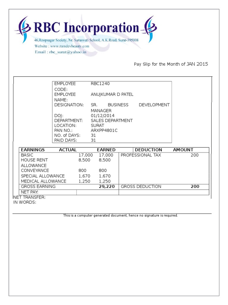 January 2015 Salary Slip for Anujkumar D Patel | PDF