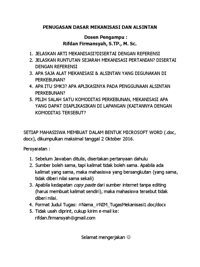 Penugasan Dasar Mekanisasi Dan Alsintan 1 PDF | PDF