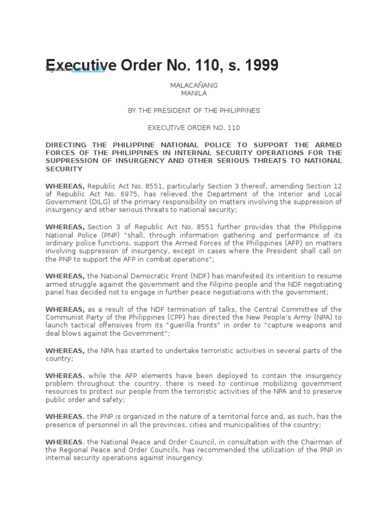 Executive Order No. 110 | PDF | International Security | International ...