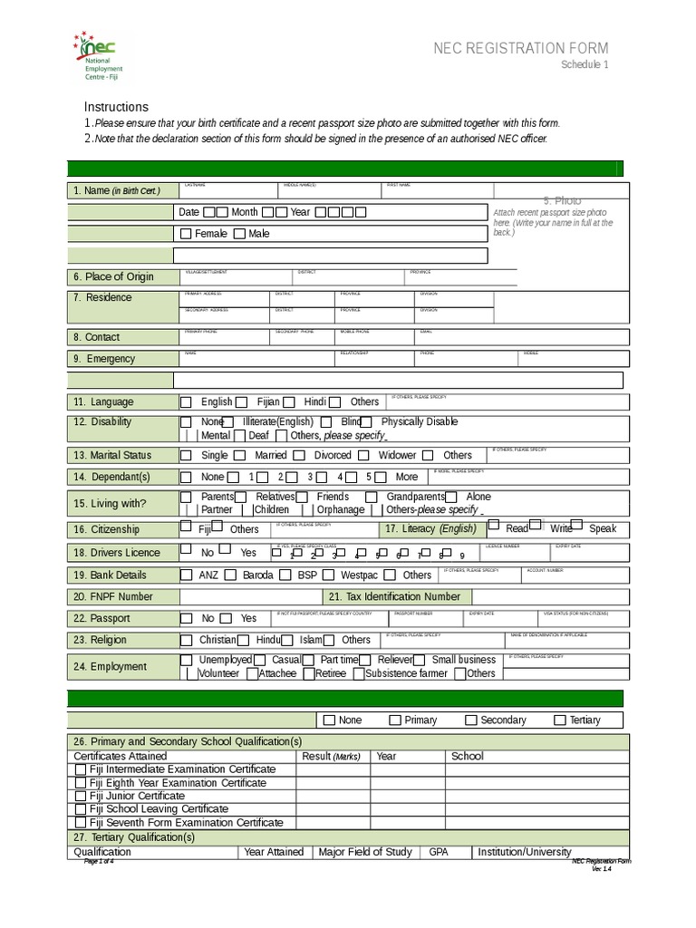 Nec Reg f1 | PDF | Birth Certificate | Employment
