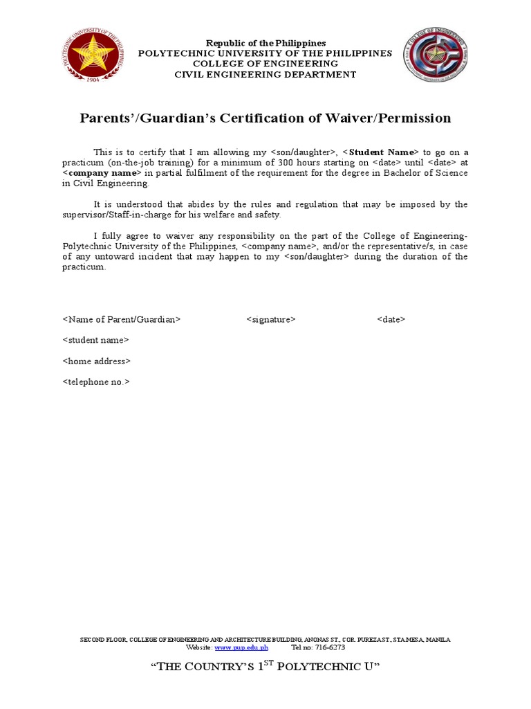 PUP Civil Engineering practicum waiver form | PDF