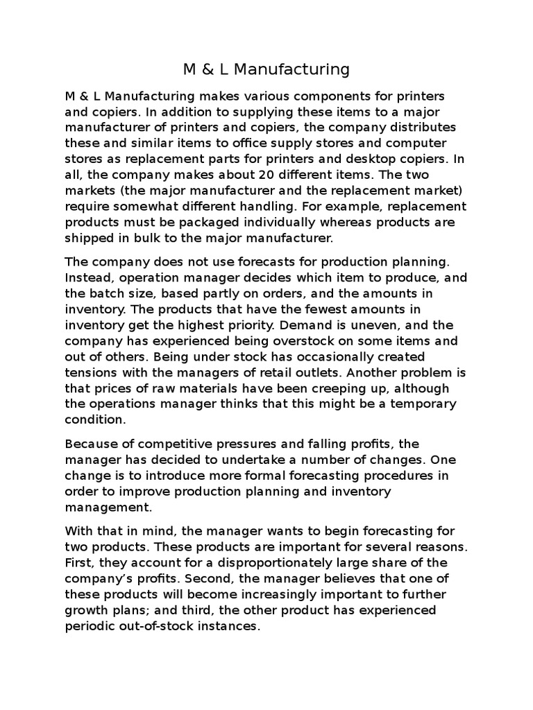 OM - (Forecasting) - M & L Manufacturing | PDF | Inventory | Forecasting
