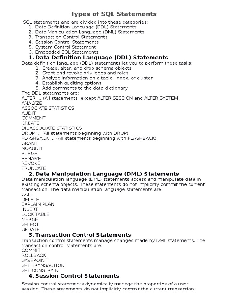 Types of SQL Statements | PDF | Teaching Methods & Materials | Computers