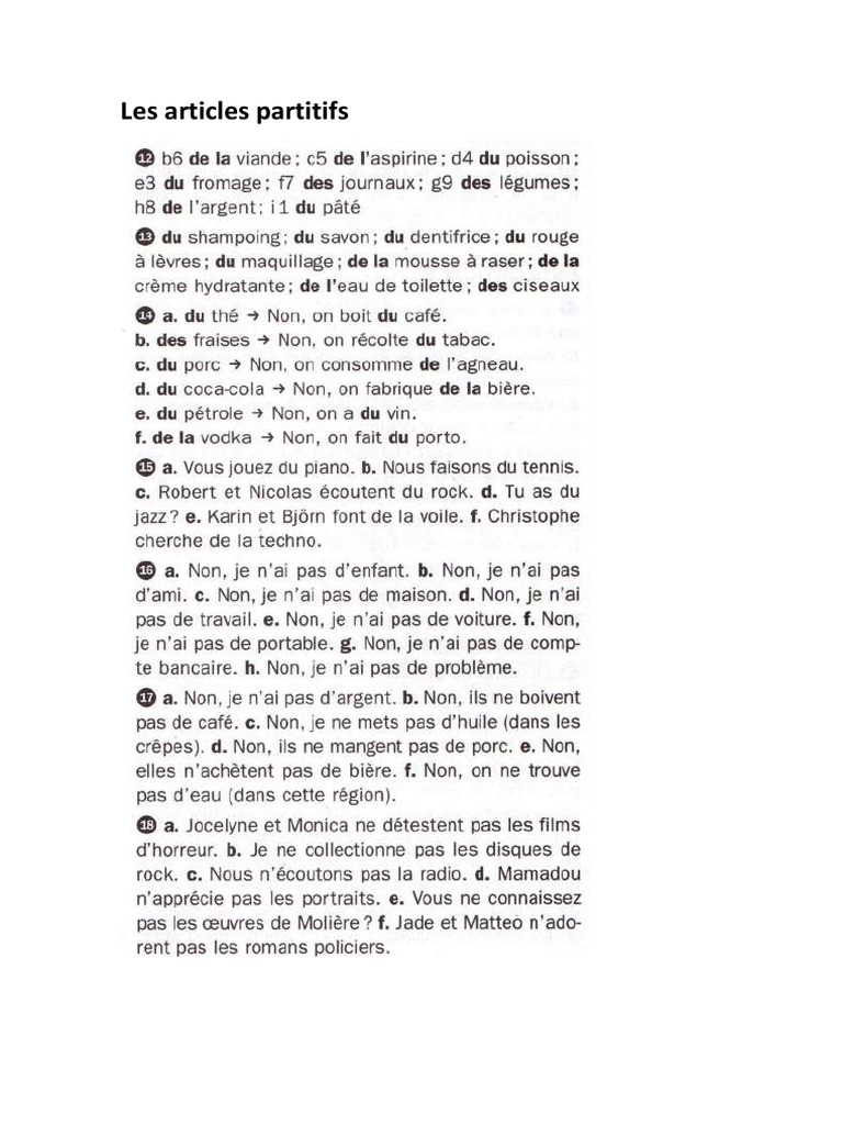 Articles Partitifs - Exercices - Corrigés | PDF