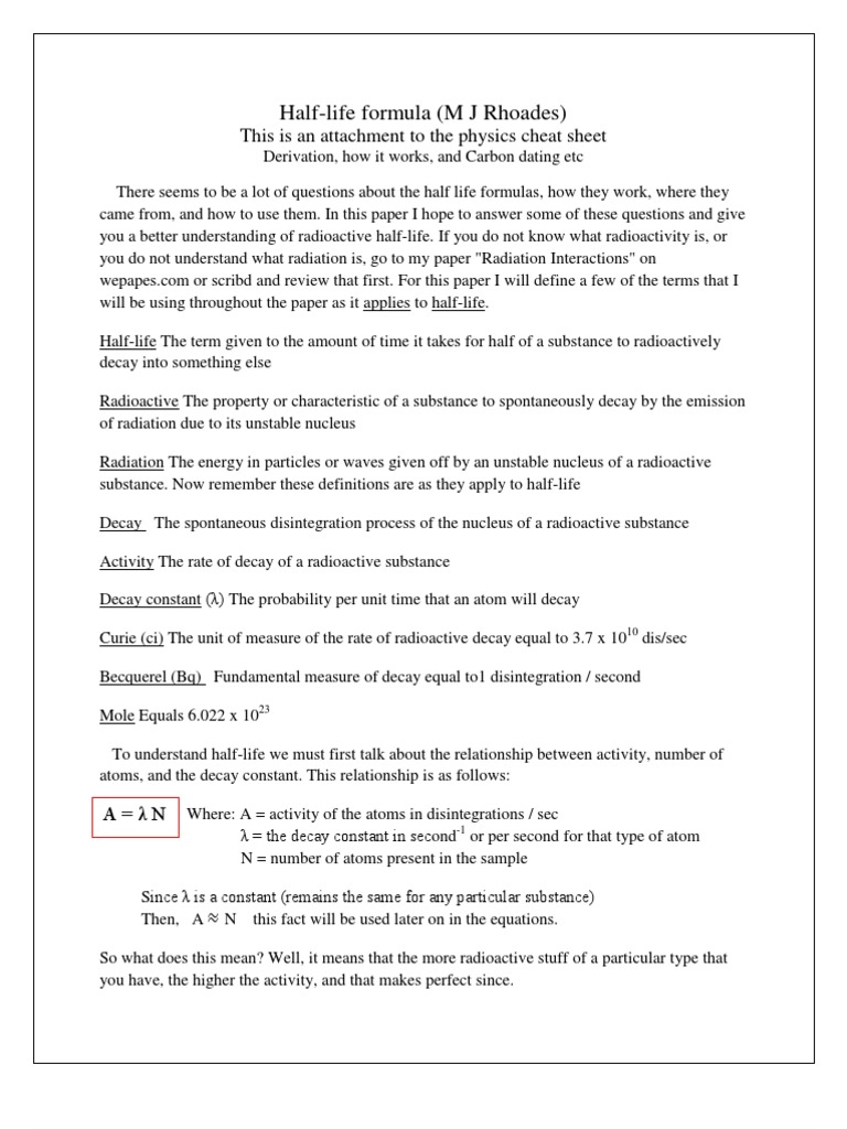 Half-Life Formula (M J Rhoades) : This Is An Attachment To The Physics ...
