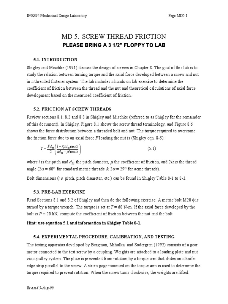 Screw Thread Friction Analysis Lab | PDF | Rotation Around A Fixed Axis ...