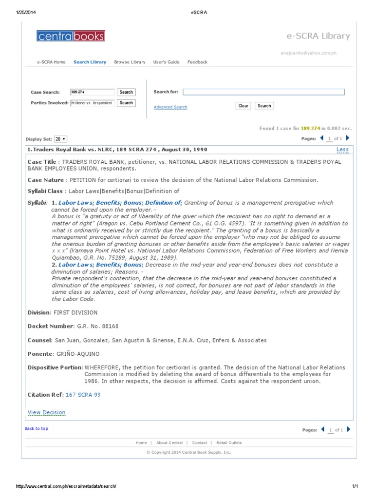 Traders Royal Bank vs. NLRC, 189 SCRA 274, August 30, 1990 | PDF ...