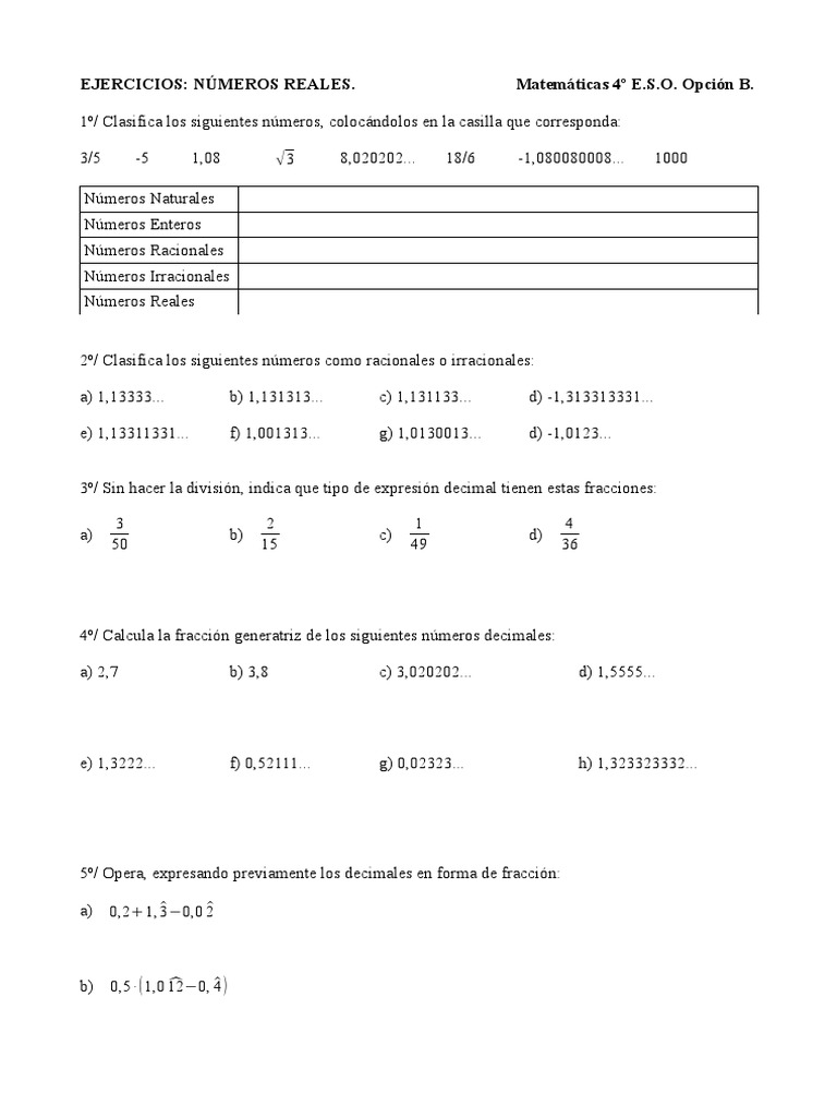 Números Reales. Ejercicios PDF | PDF