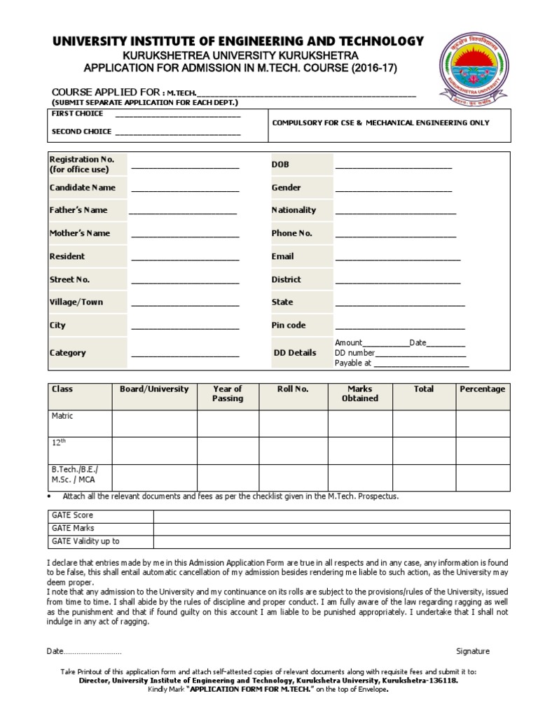 M.tech. Application Form | PDF
