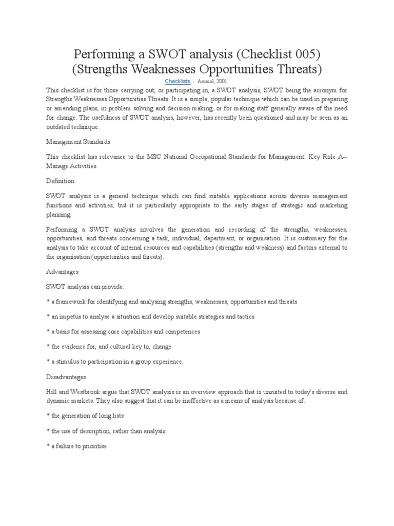 Performing A SWOT Analysis (Checklist 005) (Strengths Weaknesses ...