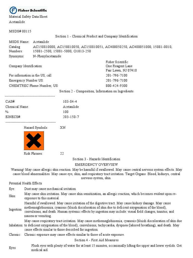 Acetanilide MSDS: Safety & Handling Guide | PDF | Personal Protective ...