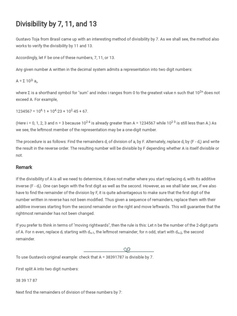 Divisibility by 7, 11, and 13 | PDF | Numbers | Discrete Mathematics
