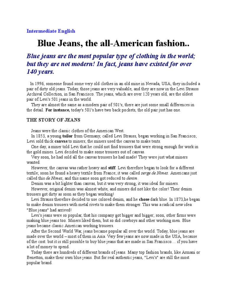 Intermediate English - The Story of Blue Jeans | PDF | Jeans | Fashion