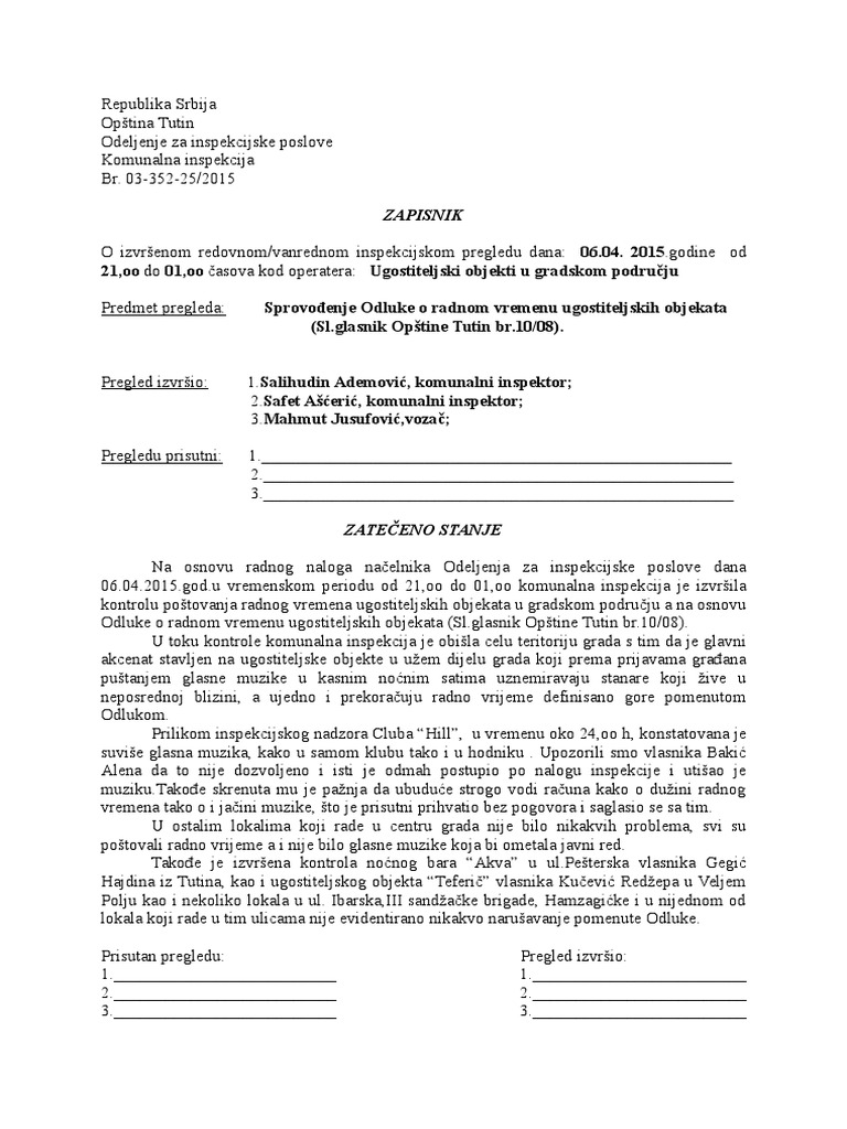 Forma Zapisnika Za Komunalnu Inspekciju | PDF