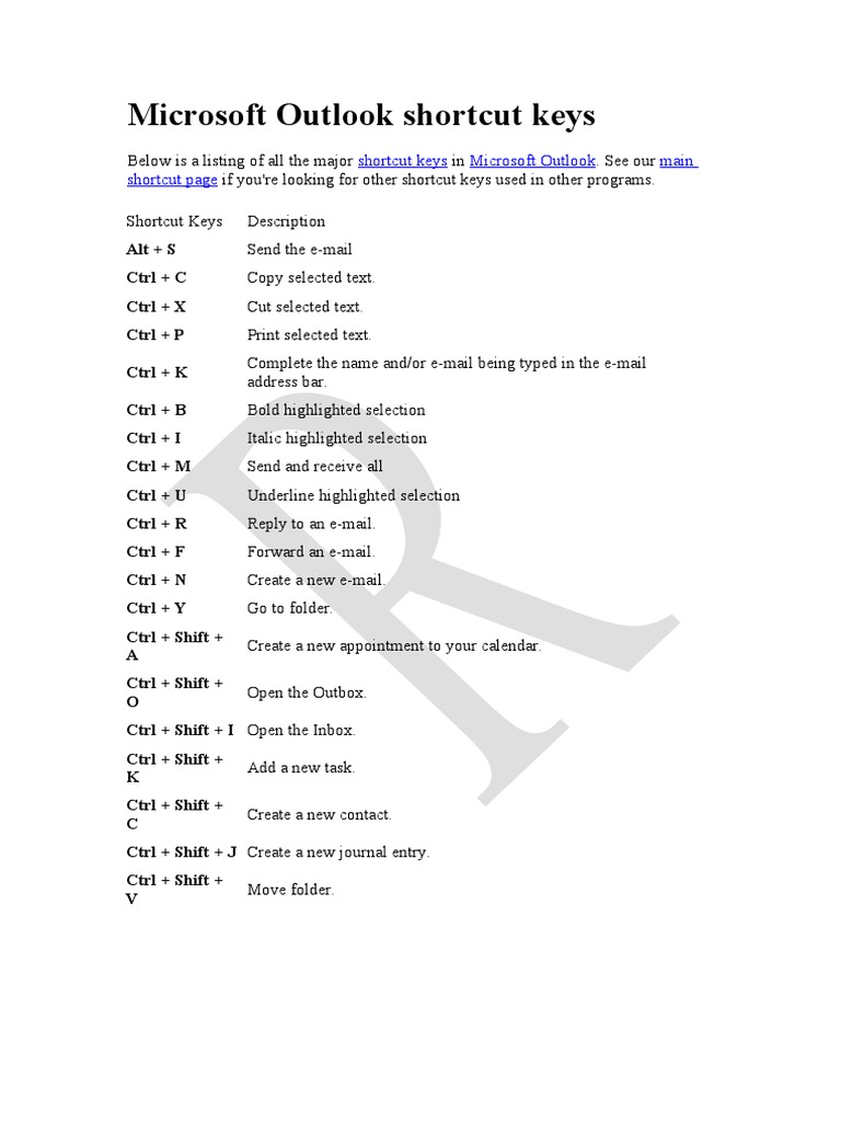 Microsoft Outlook Shortcut Keys | PDF