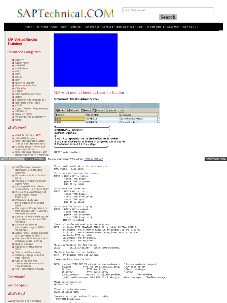 ALV With User Defined Buttons On Toolbar | PDF | Constructor (Object Oriented Programming ...
