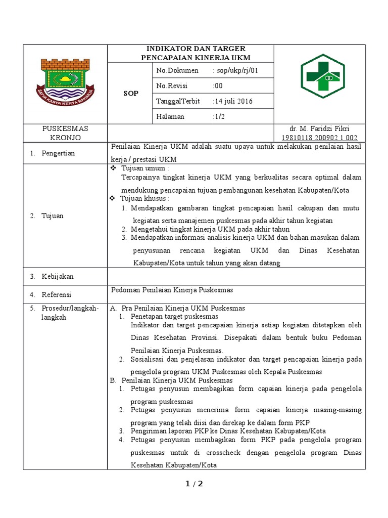 Sop Indikator Dan Target Pencapaian Kinerja Ukm 0k | PDF