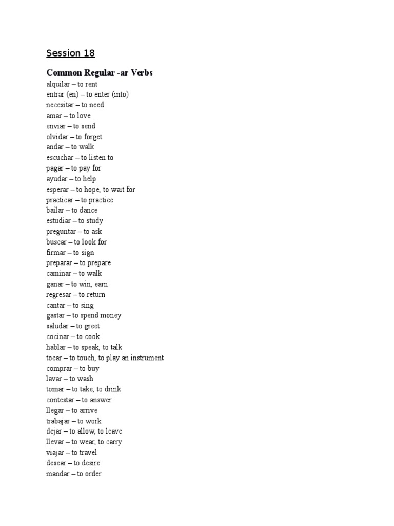 Common Regular - Ar Verbs: Session 18 | PDF