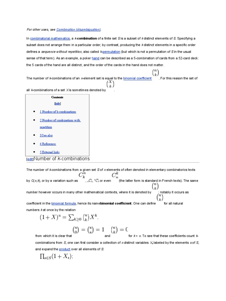 Number of K-Combinations: Combinatorial Mathematics | PDF | Discrete Mathematics | Mathematical ...