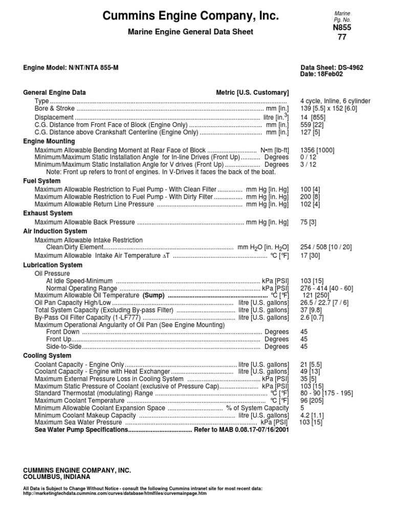 NTA 855 M DataSheet | PDF | Engines | Vehicles