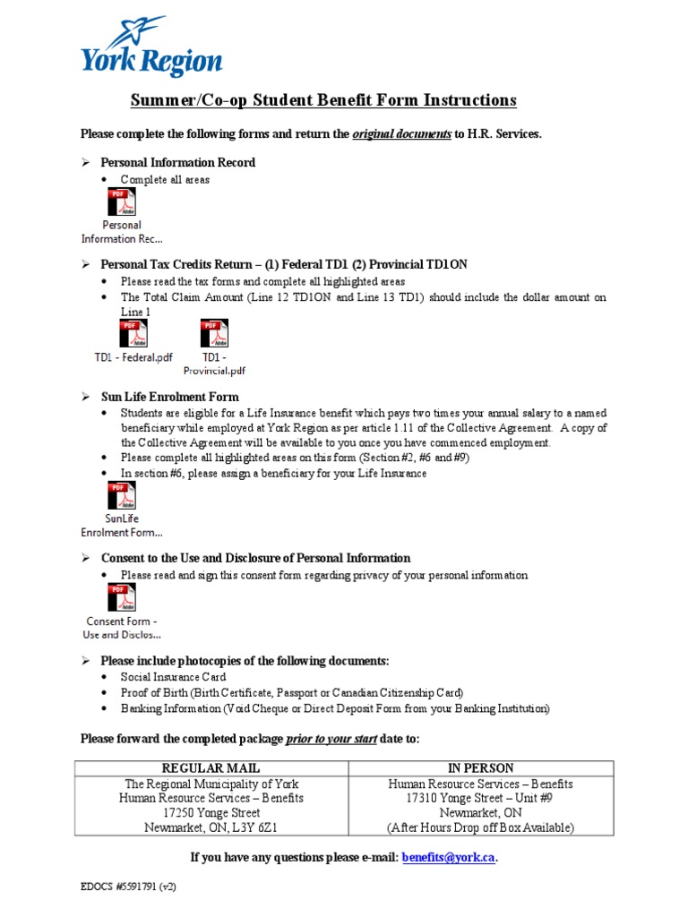 Summer/Co-op Student Benefit Form Instructions: EDOCS #5591791 (v2 ...