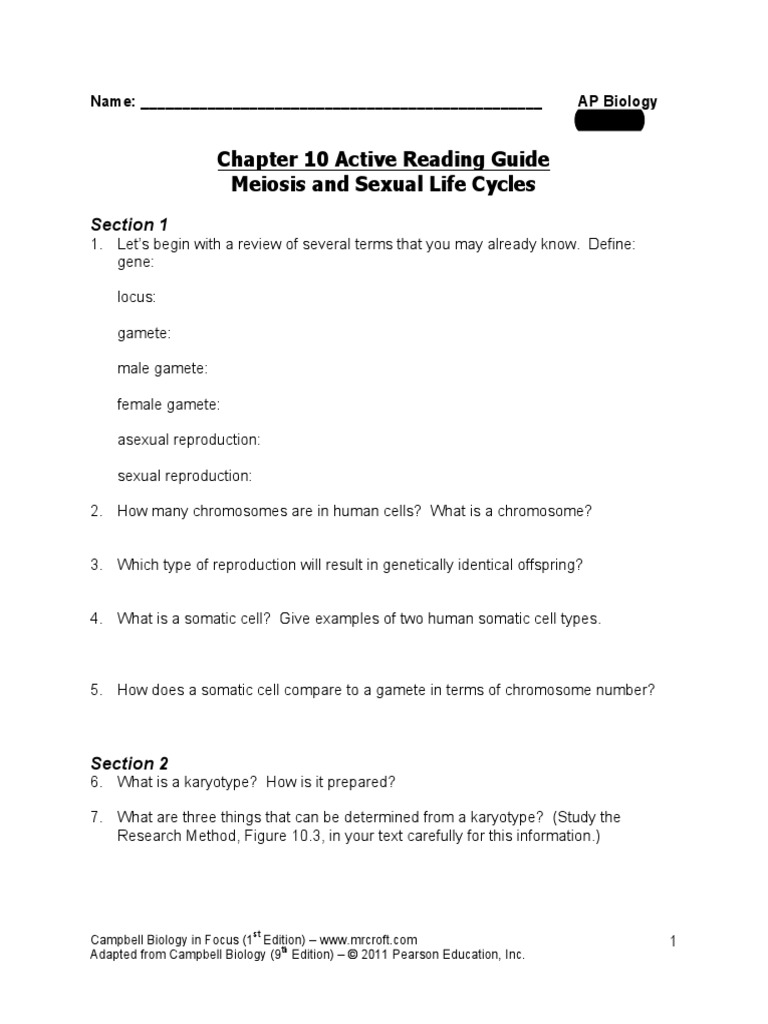 Chapter 10 Active Reading Guide | PDF | Meiosis | Ploidy