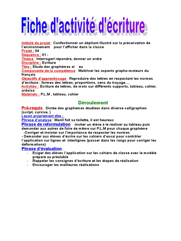 Fiche D'activité D'ecriture | PDF