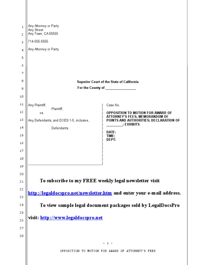 Sample Opposition To Motion For Award of Attorney's Fees in California ...
