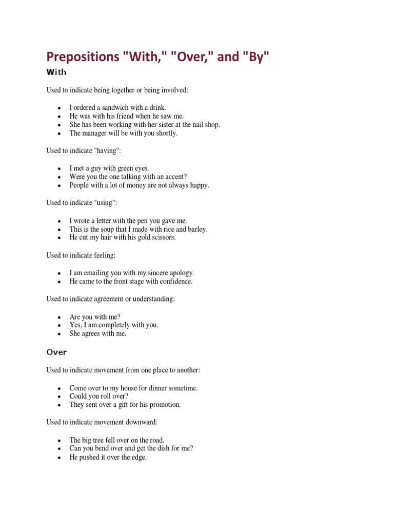 Understanding Prepositions: With, Over, By | PDF