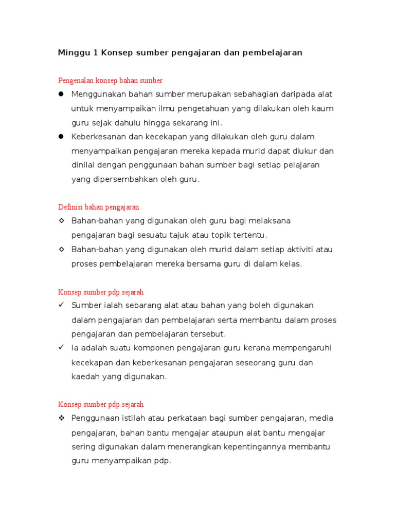 Minggu 1 Konsep Sumber Pengajaran Dan Pembelajaran | PDF