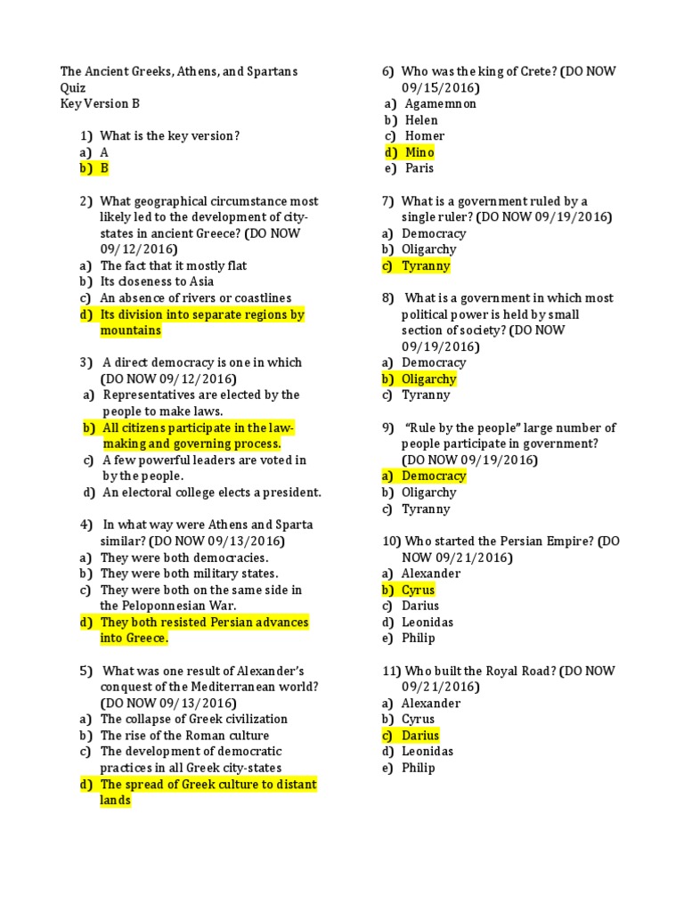 The Ancient Greeks Quiz Corrections B | PDF | Ancient Greece | Sparta