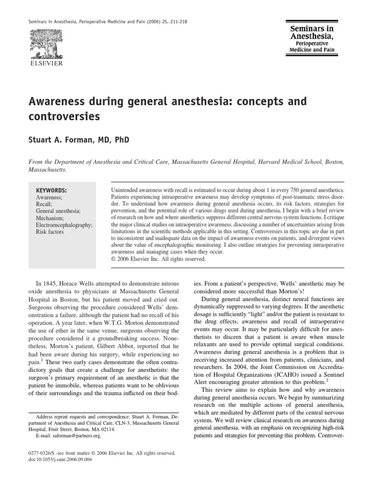 Awareness During General Anesthesia Concepts and | PDF | Anesthesia ...
