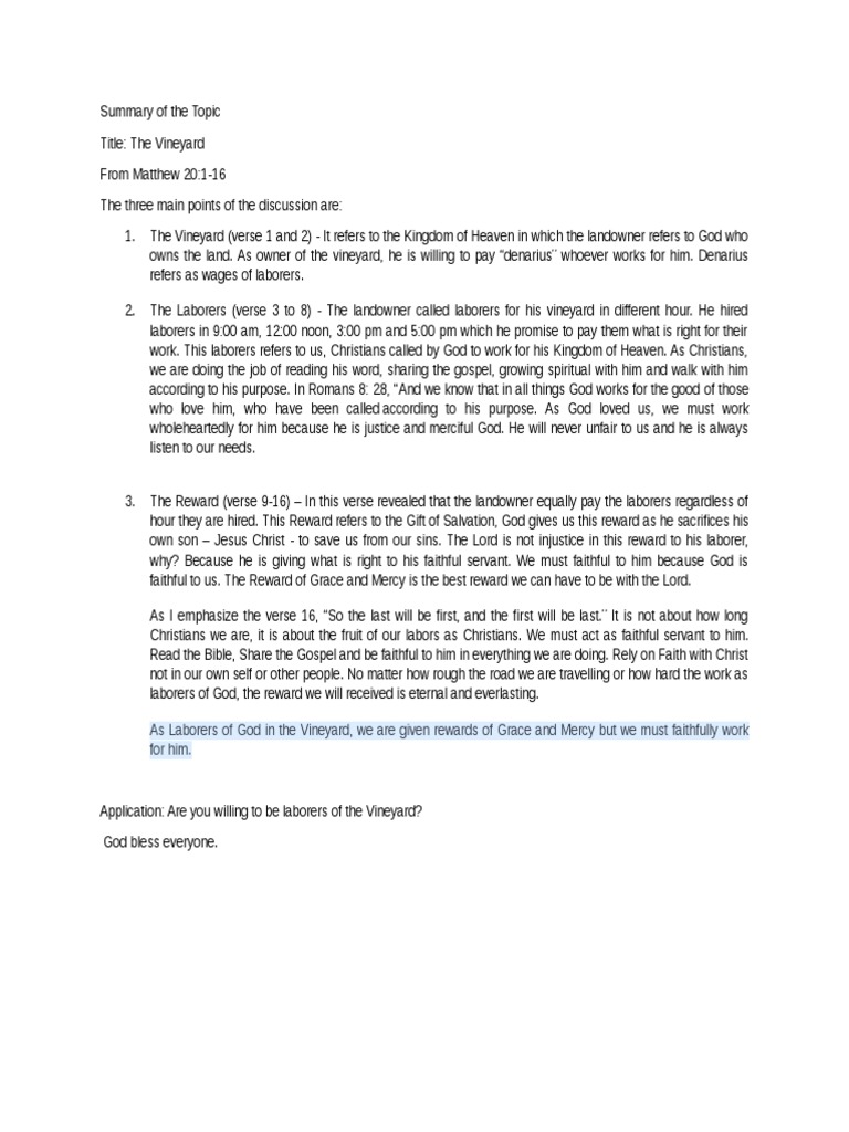 As Laborers of God in The Vineyard, We Are Given Rewards of Grace and ...