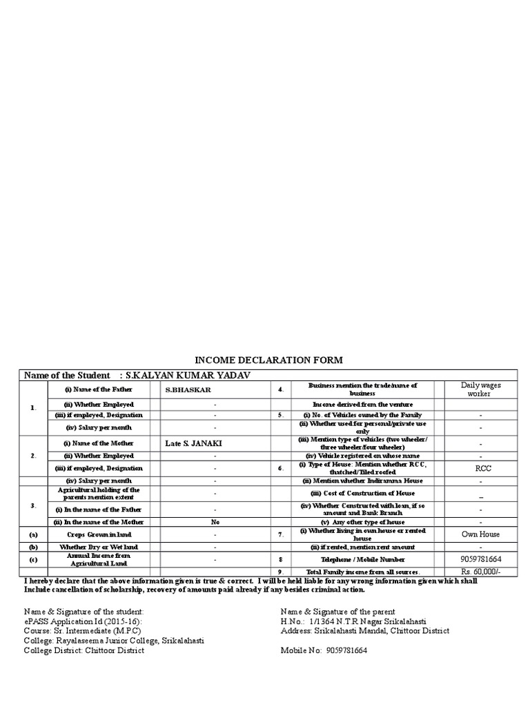 Income Declaration Form New | PDF