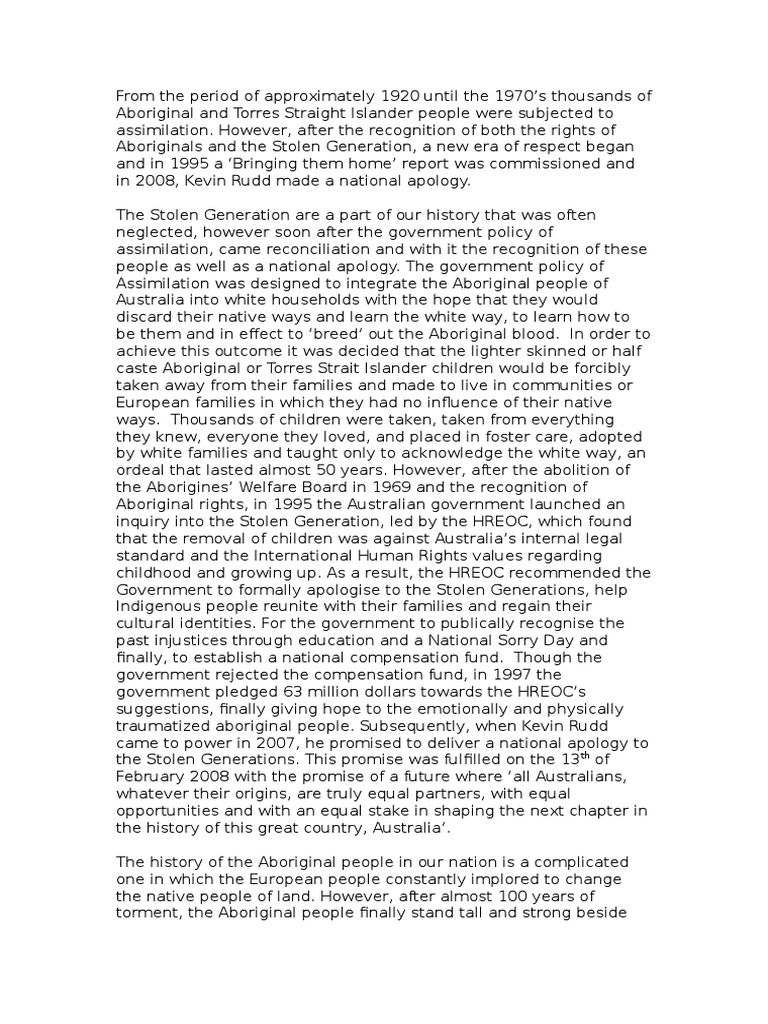 The Stolen Generation and Bringing Them Home | PDF | Indigenous ...