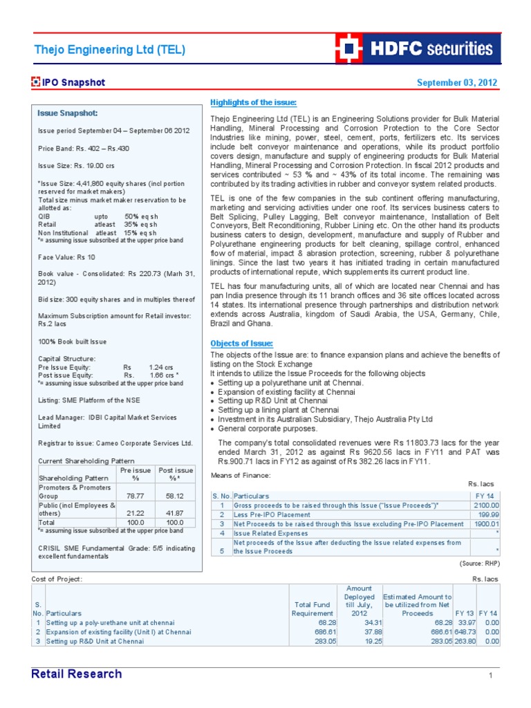 Thejo Engineering LTD (TEL) : IPO Snapshot | PDF | Belt (Mechanical ...
