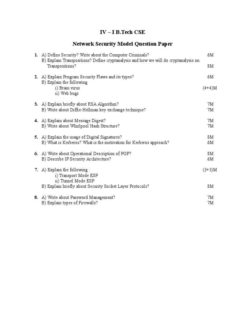 Network Security Model Question Paper | PDF