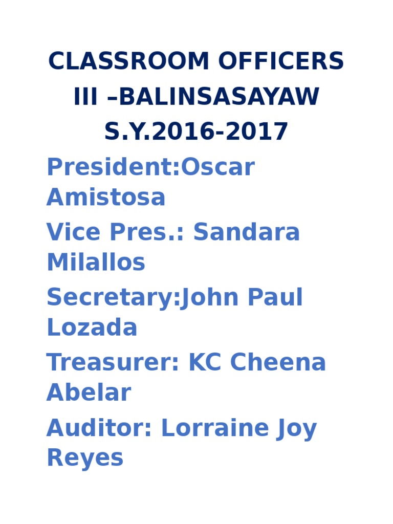 Classroom Officers 2016-2017 | PDF