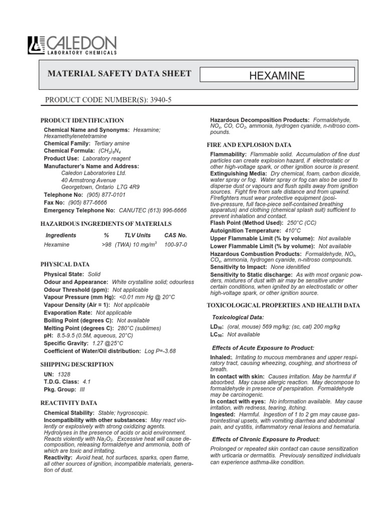 Hexamine PDF | PDF | Formaldehyde | Personal Protective Equipment
