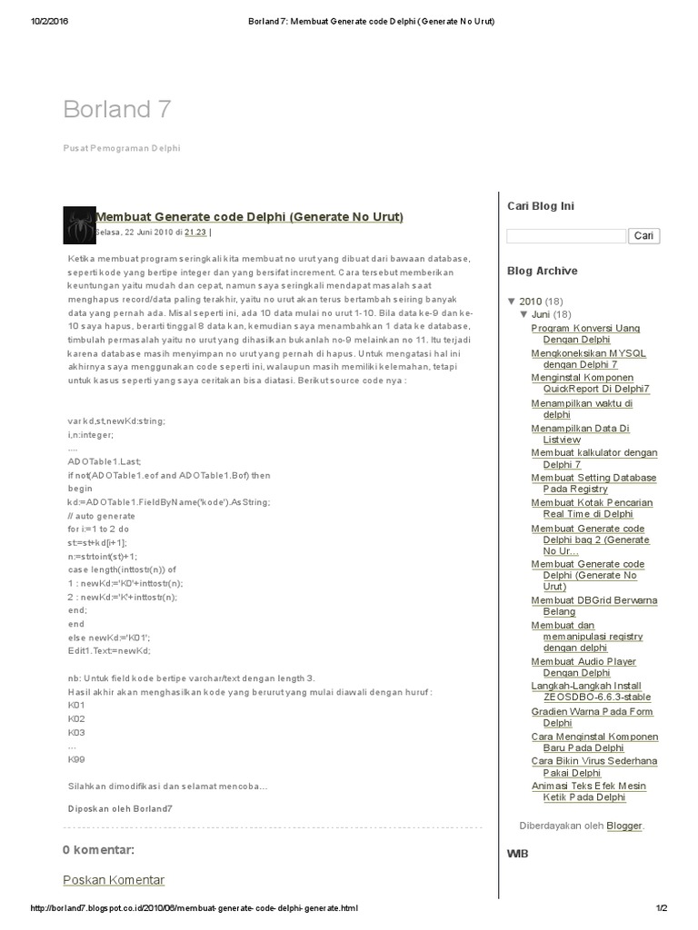 Borland 7 - Membuat Generate Code Delphi (Generate No Urut) | PDF