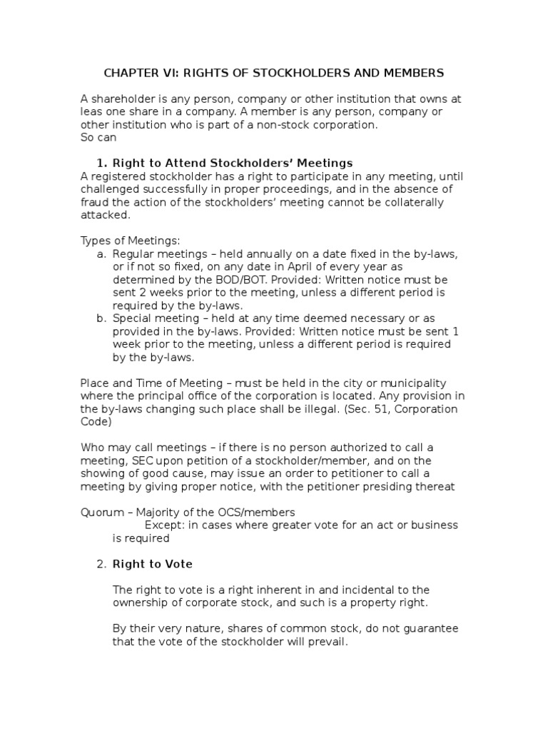 Chapter Vi: Rights of Stockholders and Members | PDF | Dividend | Proxy Voting