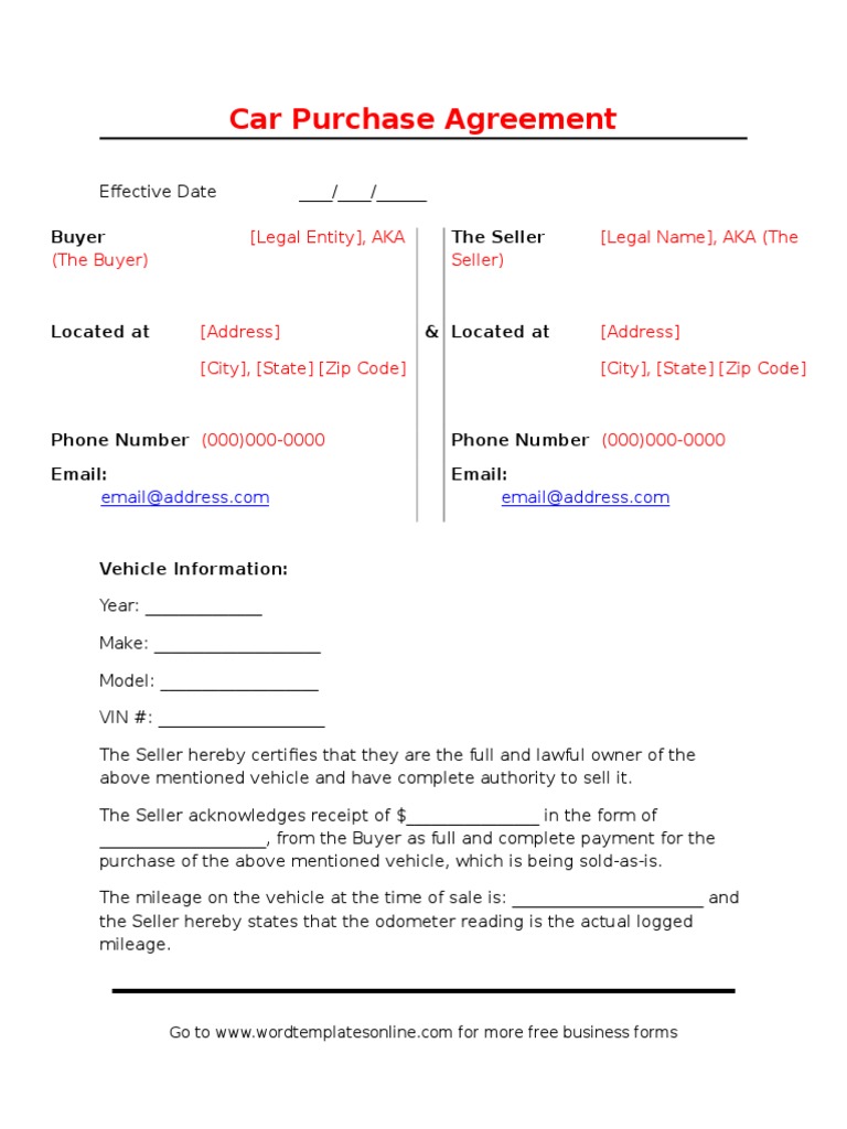Car Purchase Agreement Template | PDF | Sales | Economies