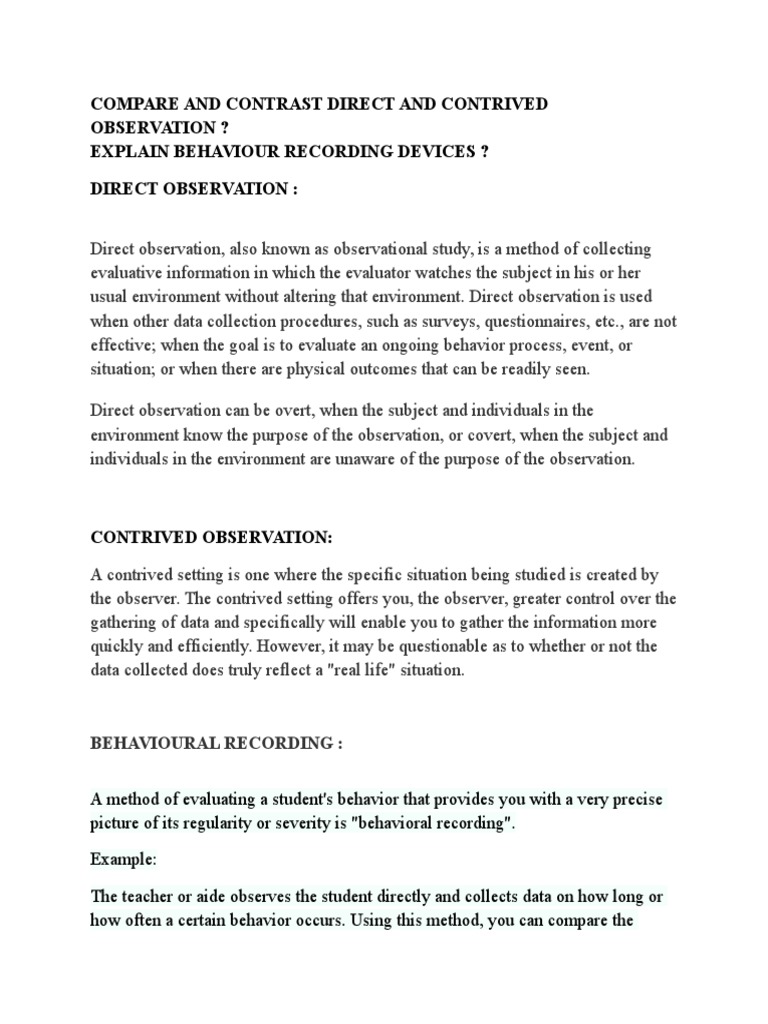 Compare and Contrast Direct and Contrived Observation | PDF ...