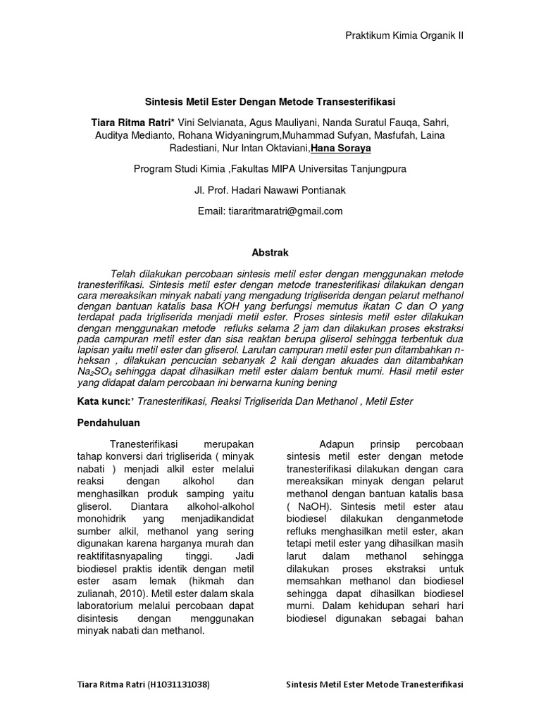 Sintesis Metil Ester Dengan Metode Transesterifikasi | PDF