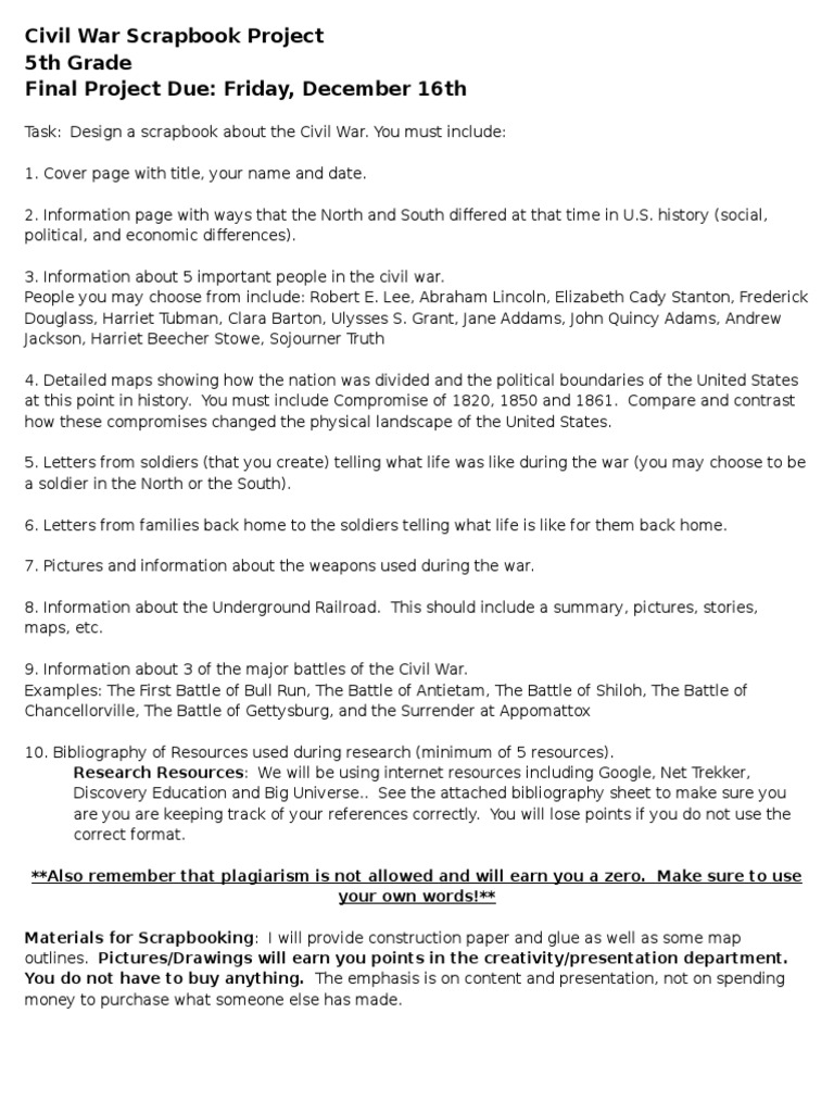 Civilwarscrapbookproject Description and Rubric | PDF | American Civil ...