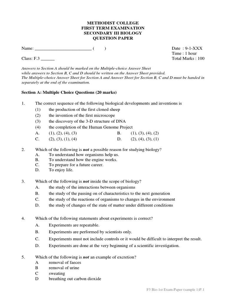 F3 Bio-1st Exam-Paper (Sample 1) | PDF | Vitamin C | Vitamin A
