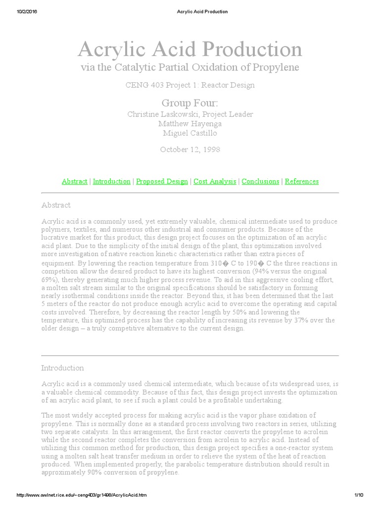 Acrylic Acid Production | PDF | Catalysis | Chemical Reactor