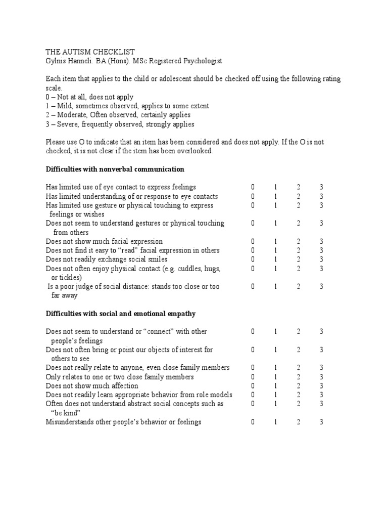 Autism Checklist | PDF | Friendship | Intellectual Disability